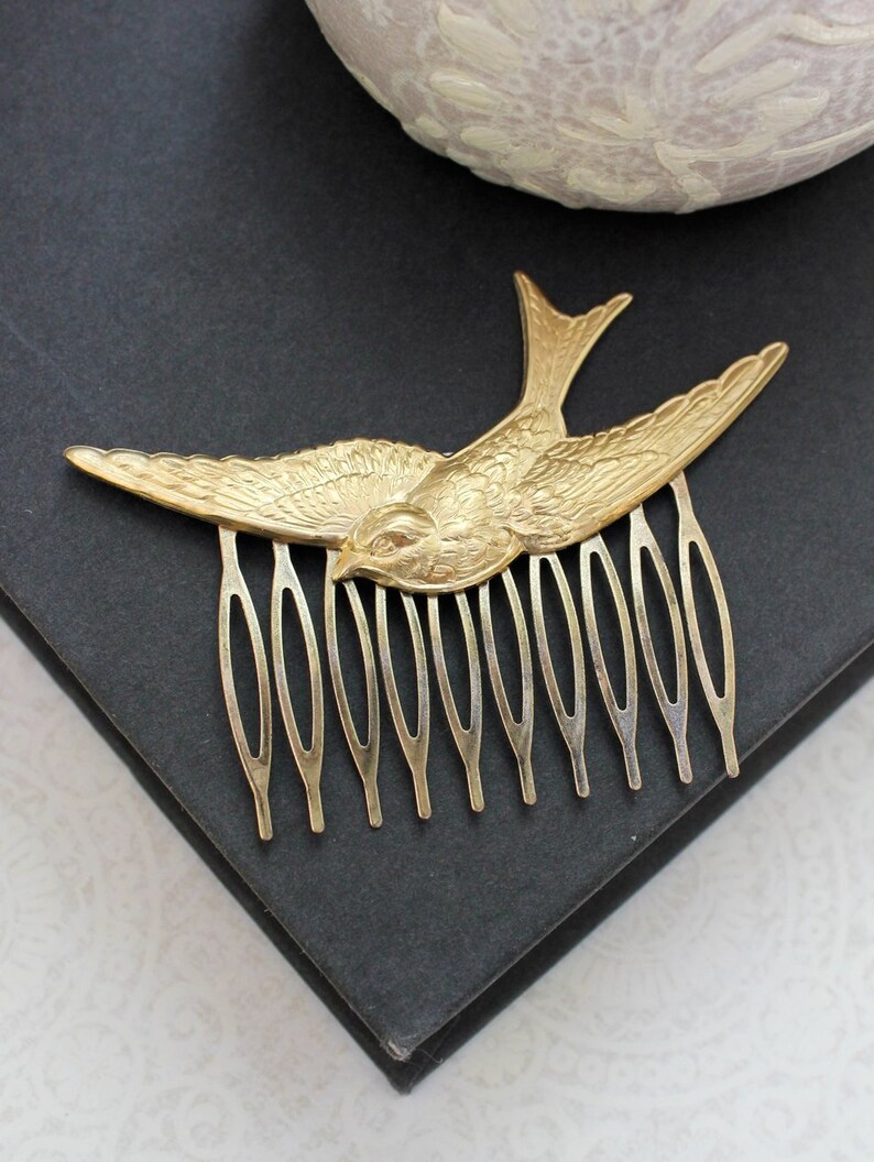 Gold Bird Comb Flying Swallow Hair Accessory Feather Wings Woodland ...