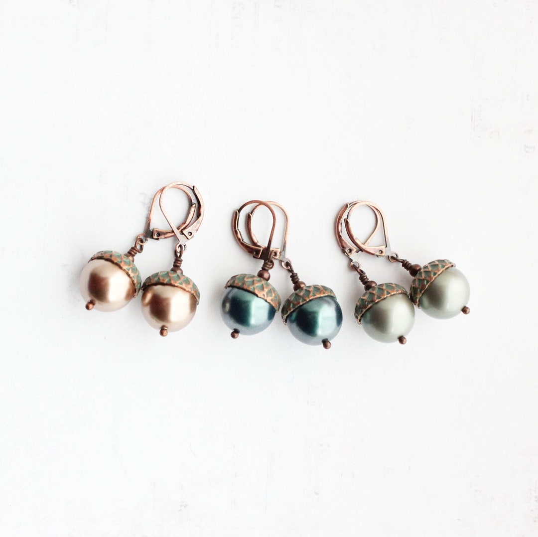 Pearl Acorn Earrings (8 Pearl Colors) Mint Patina Copper Peacock Blue ...