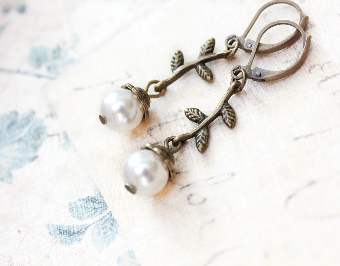 Small Dangle Earrings Ivory White Pearl Earrings Tiny Branch | Etsy