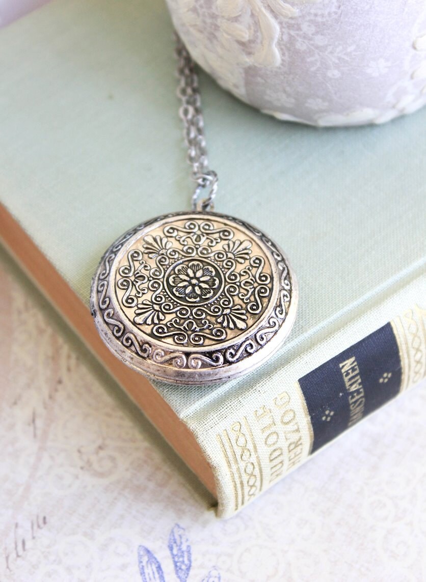 Silver Locket Necklace Large Round Pendant Silver Floral - Etsy