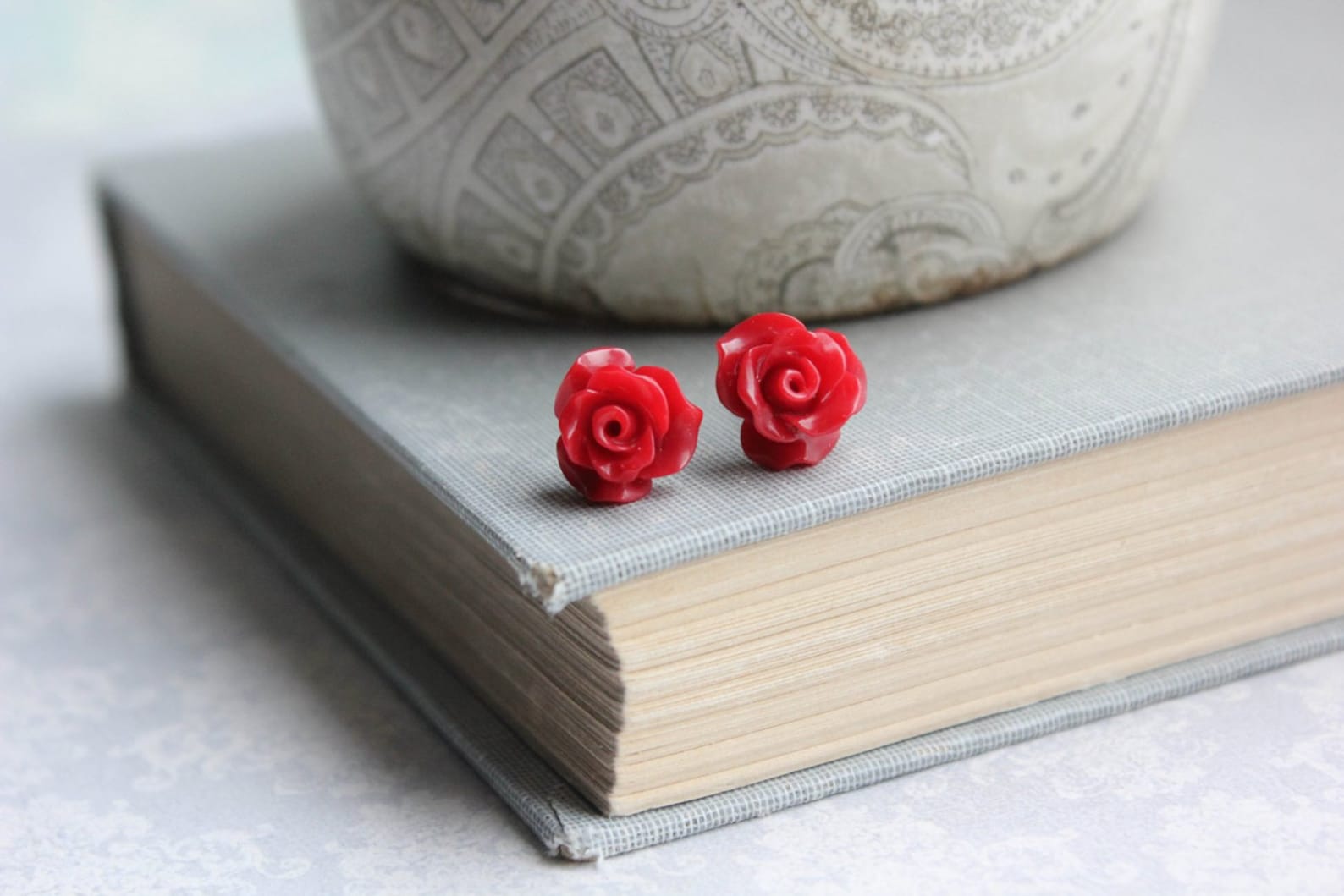 Dark Red Rose Stud Earrings Flower Earrings Tiny Rose Stud - Etsy