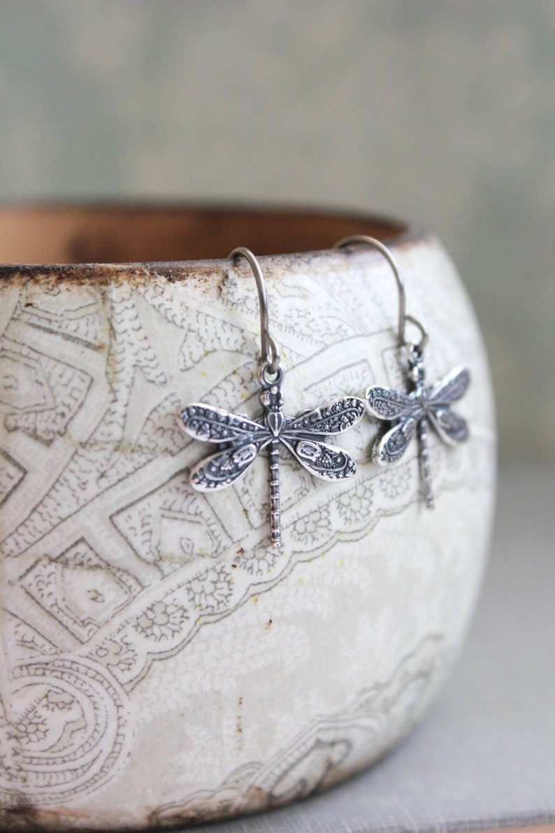 Dragonfly Earrings Small Insect Earrings Little Antique Silver - Etsy