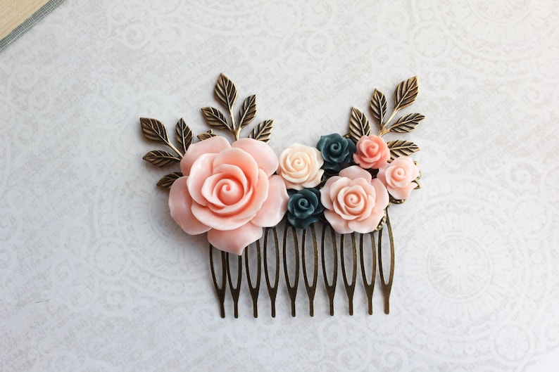 Pink Rose Hair Comb Bridal Hair Comb Navy Blue Floral Hair - Etsy Denmark