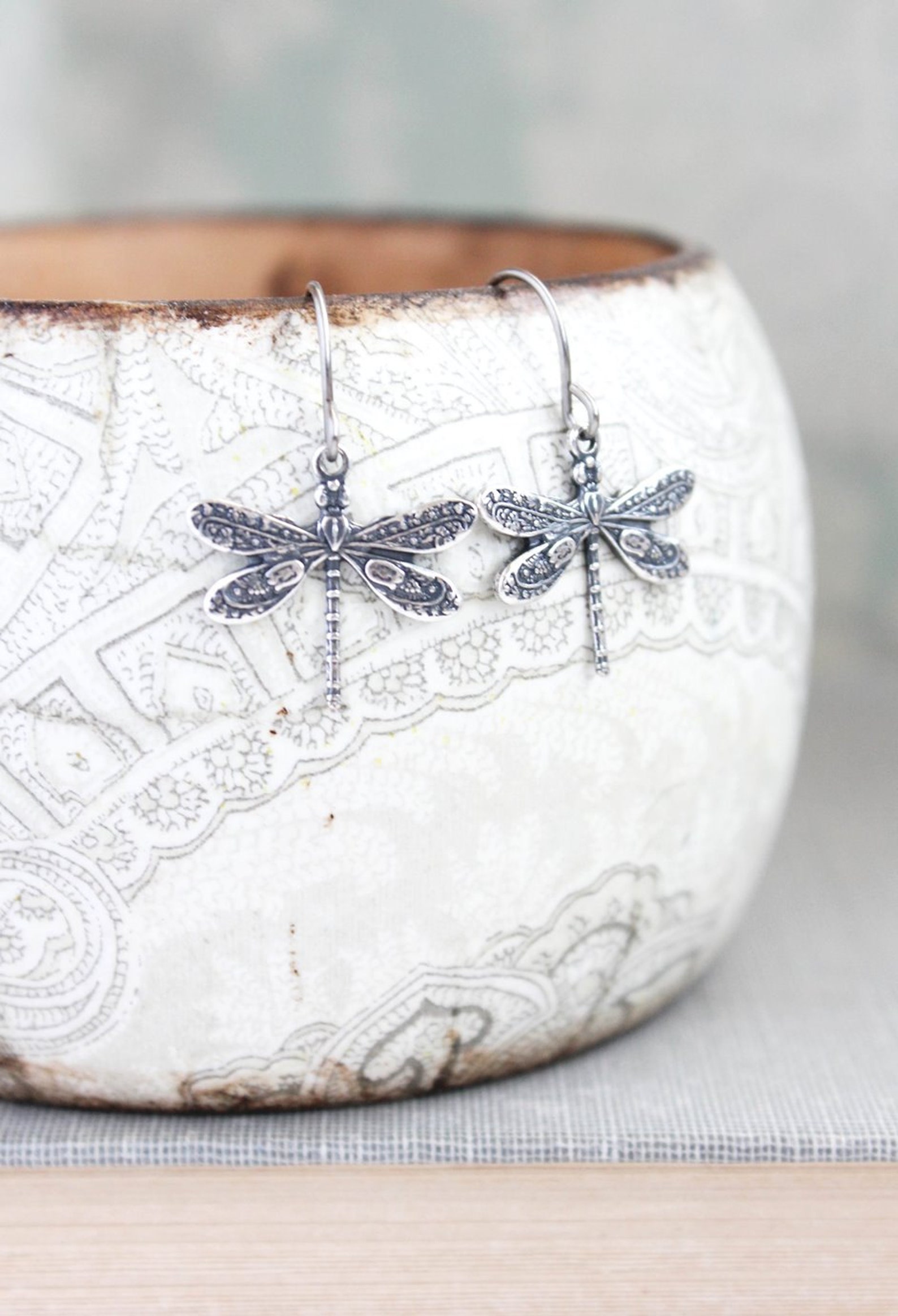 Dragonfly Earrings Small Insect Earrings Little Antique Silver - Etsy