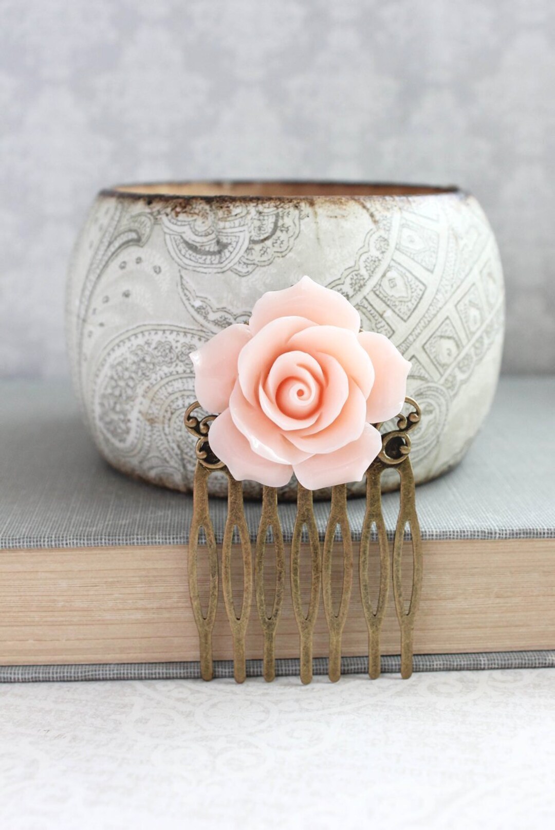 Big Pink Rose Comb Blush Pink Flower Hair Comb Peach Bridal Hair Comb ...