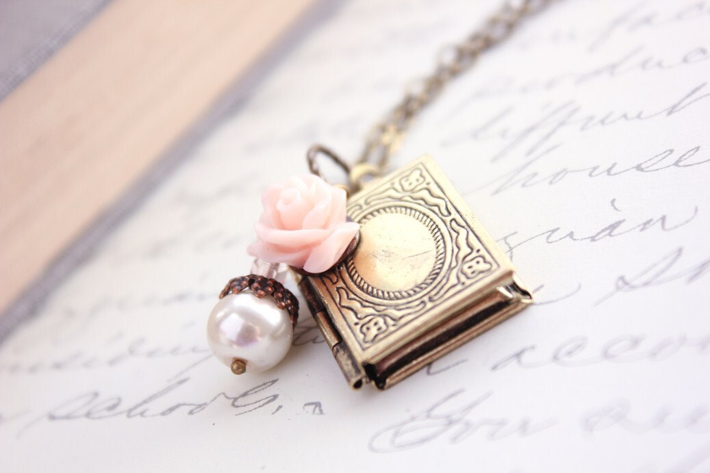 Book Locket Necklace Romantic Locket Pendant Pink Rose White - Etsy