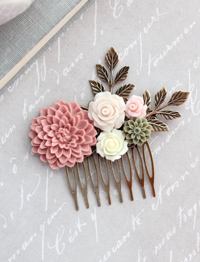 Dusty Rose Comb Bridal Hair Comb Chrysanthemum Dahlia Hair | Etsy