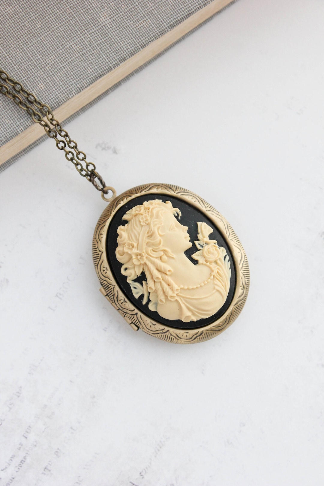 Large Locket Necklace, Photo Locket, Big Cameo Pendant, Cream Lady on ...