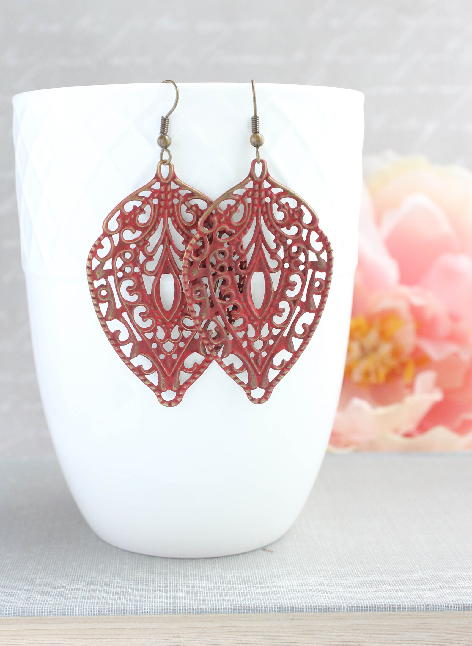 Rust Red Earrings Red Patina Big Filigree Earrings Long Earrings Boho ...