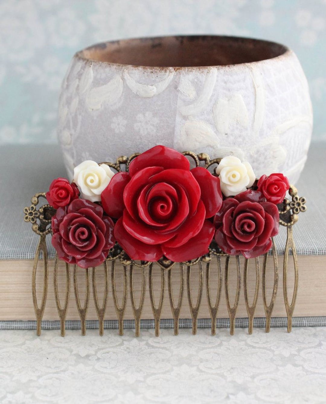 Dark Red Rose Hair Comb Deep Red Rose Floral Collage Comb - Etsy