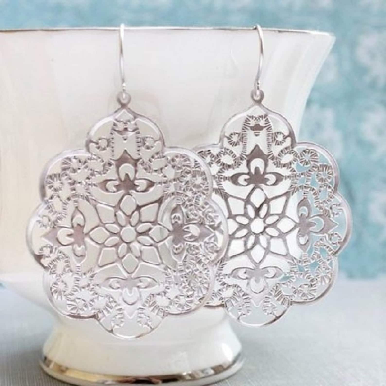 Silver Earrings | Big Dangle Earrings | Lace Filigree | Modern Boho ...