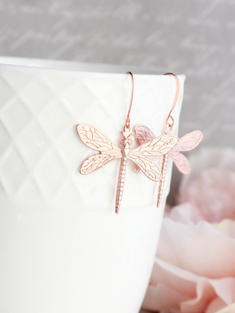 Rose Gold Dragonfly Earrings Nature Earrings Flying Wings - Etsy