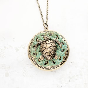 Turtle Locket Necklace Large Round Picture Locket Pendant Keepsake ...