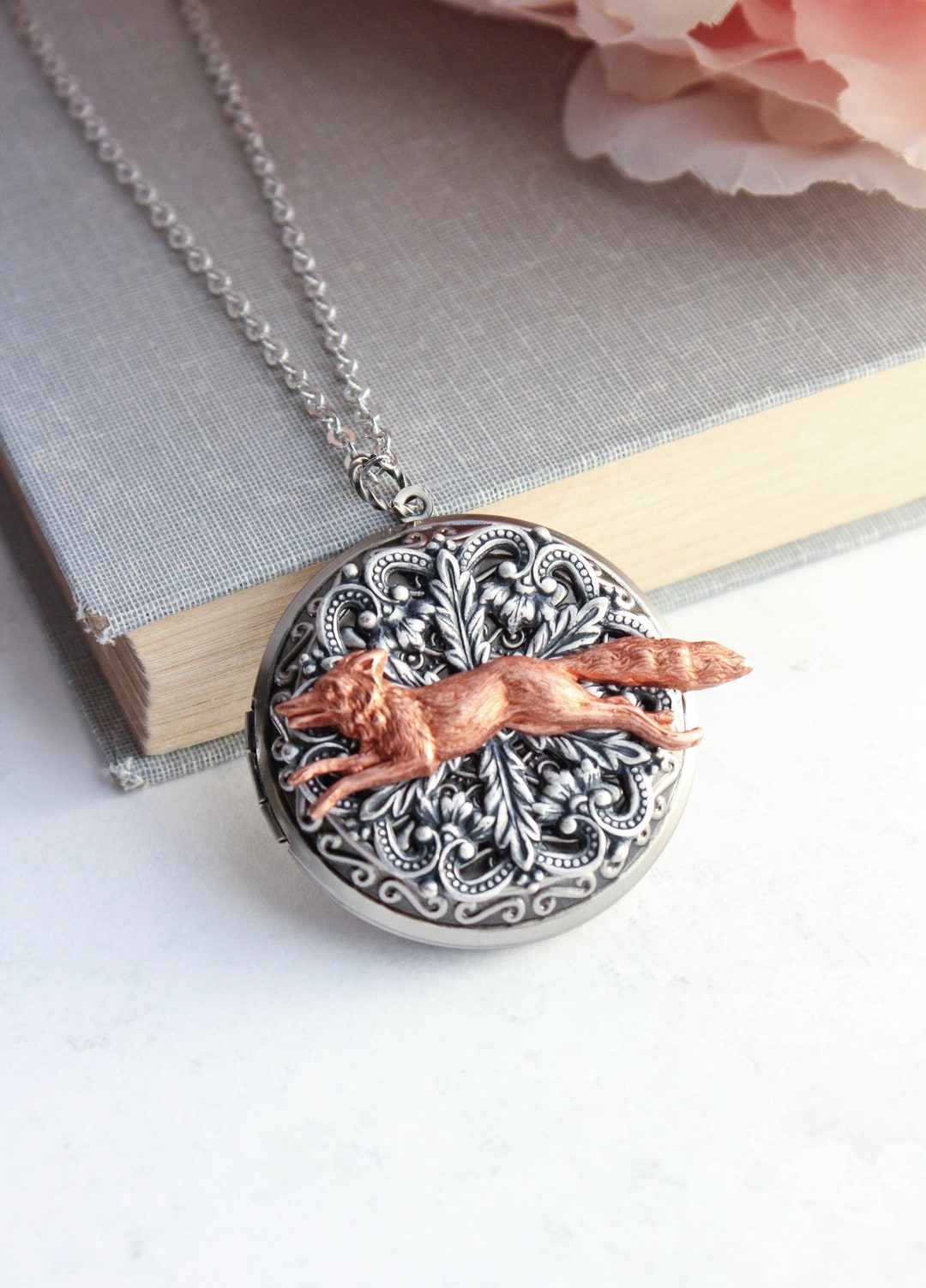 Fox Locket Necklace Animal Necklace Unique Photo Locket Mixed Metal ...