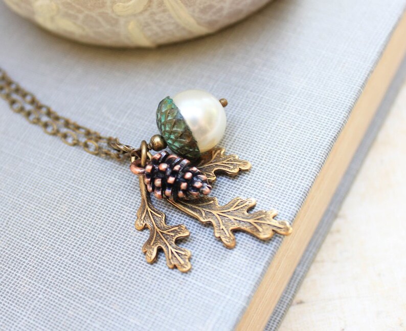 Pearl Acorn Neckace Rustic Nature Necklace Woodland Charms | Etsy