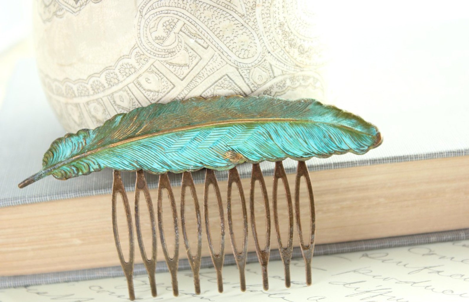 Big Feather Hair Comb Teal Verdigris Patina Woodland Wedding Bird ...