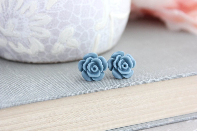 Dusty Blue Rose Studs Little Flower Earrings Surgical Steel - Etsy