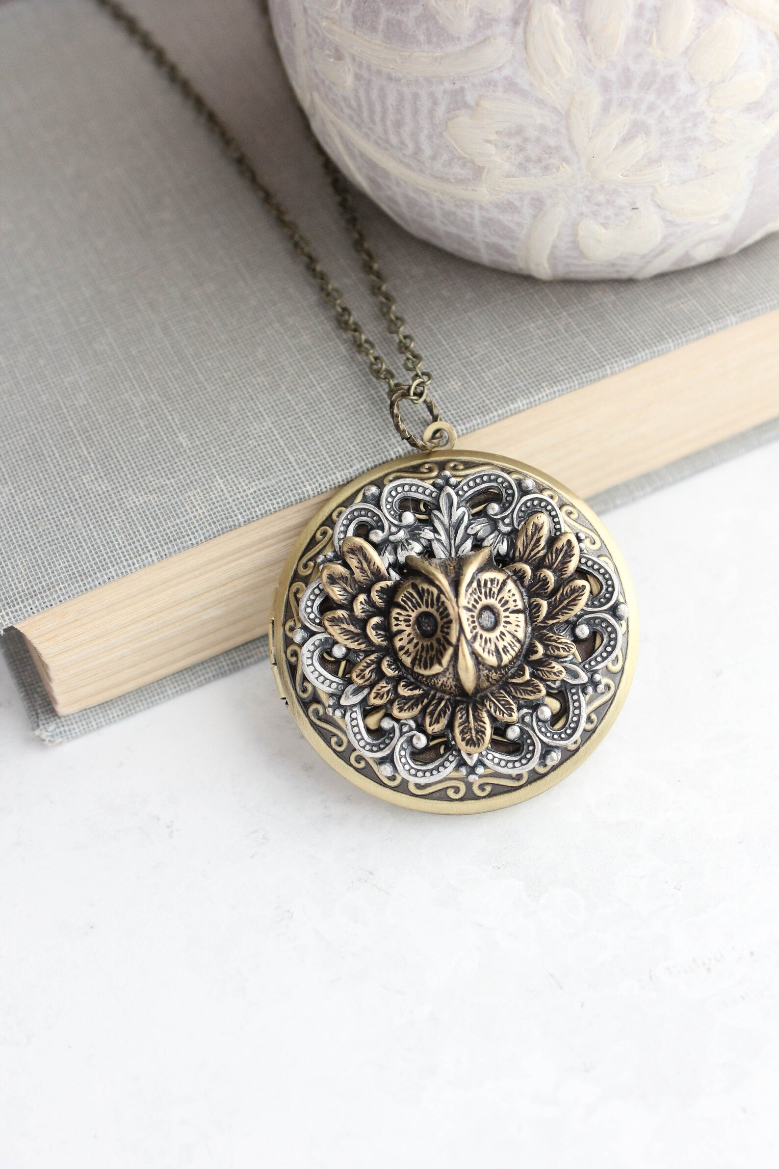 Owl Locket Necklace Large Photo Pendant Picture Locket | Etsy