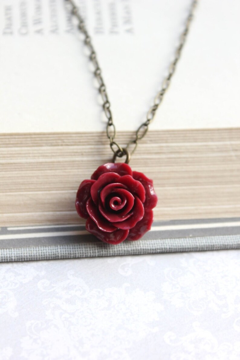 Deep Red Rose Necklace Vintage Inspired Dark Red Floral - Etsy