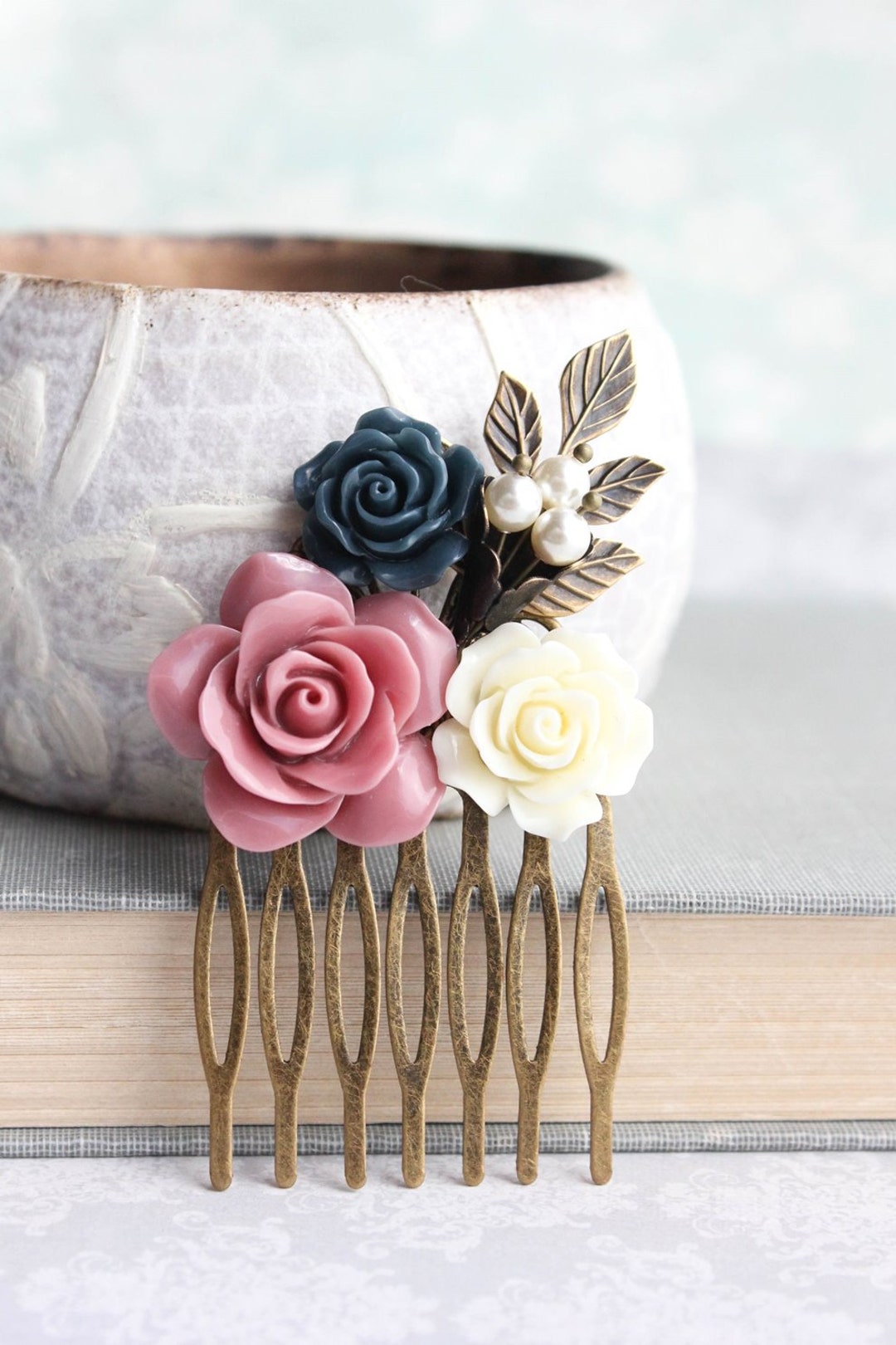 Flower Hair Comb Dusty Rose Pink Navy Blue Wedding Comb Pearls - Etsy