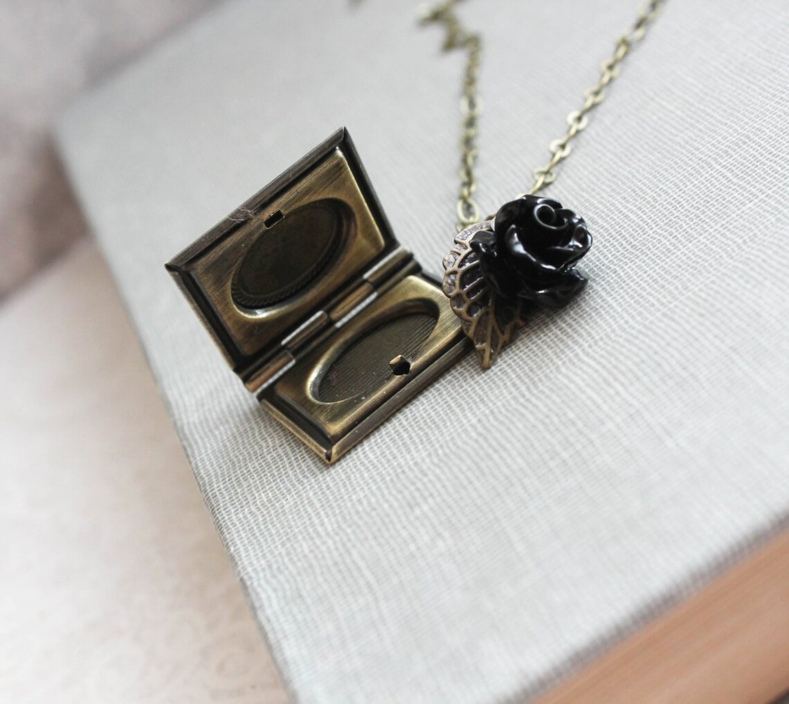Book Locket Necklace Black Rose Charm Pendant Picture Locket Rustic ...