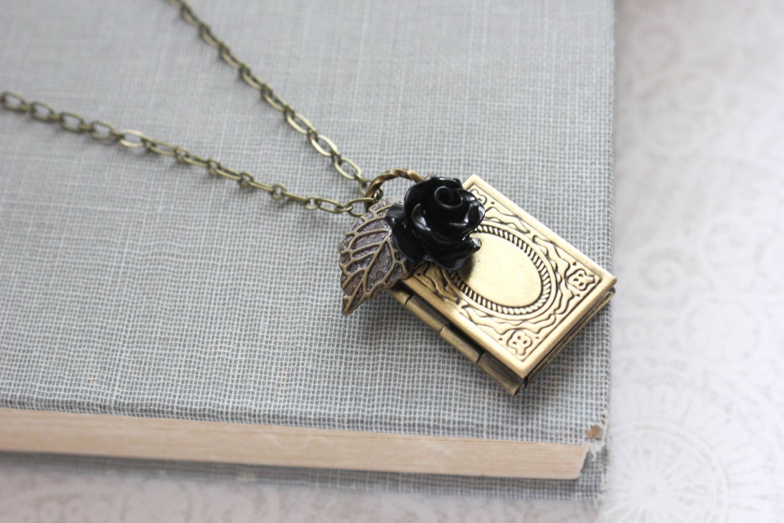 Book Locket Necklace Black Rose Charm Pendant Picture Locket Rustic ...
