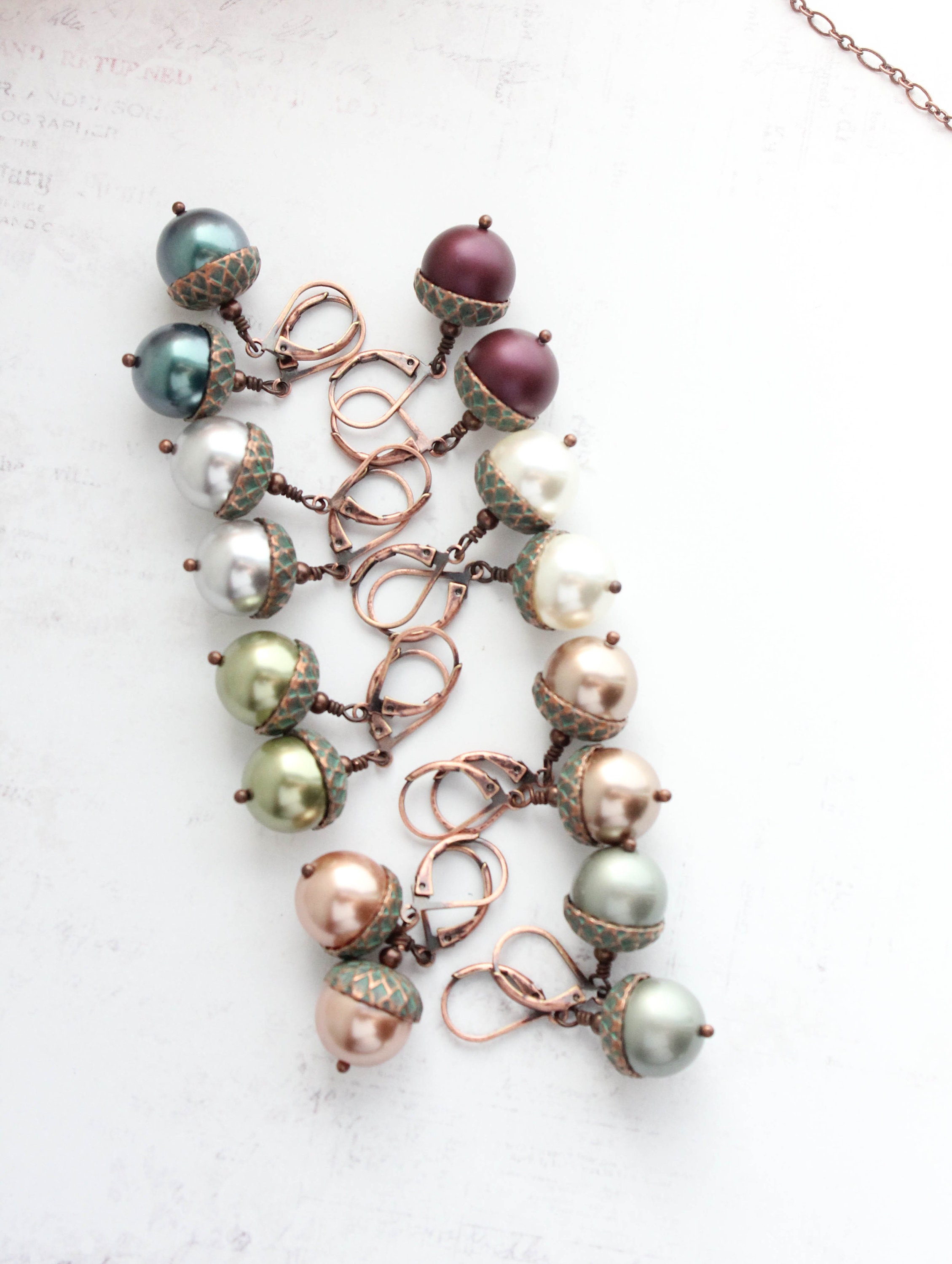 Pearl Acorn Pendant Necklace (8 Pearl Colors) Mint Patina Copper, Fall ...