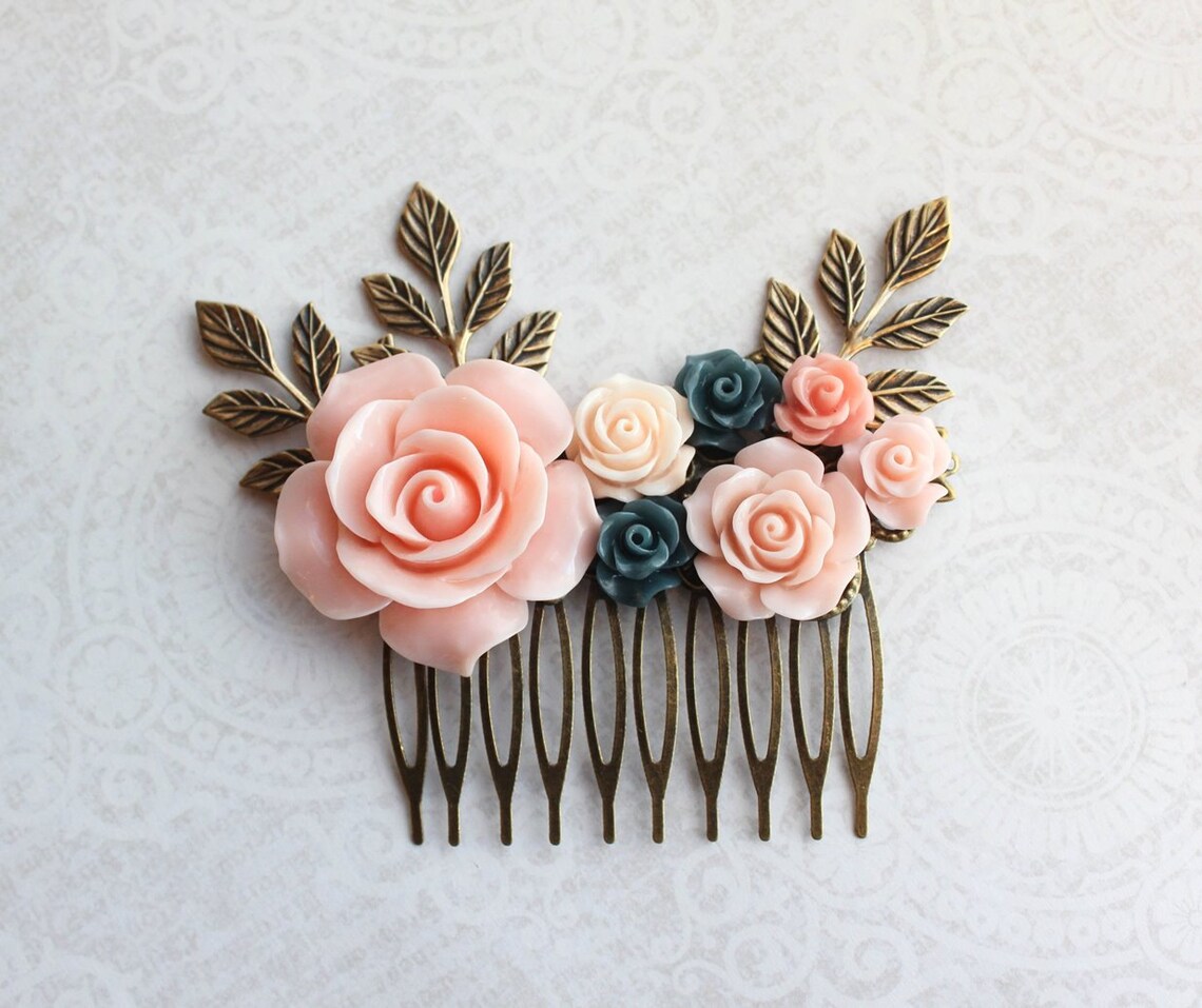 Pink Rose Hair Comb Bridal Hair Comb Navy Blue Floral Hair - Etsy Denmark