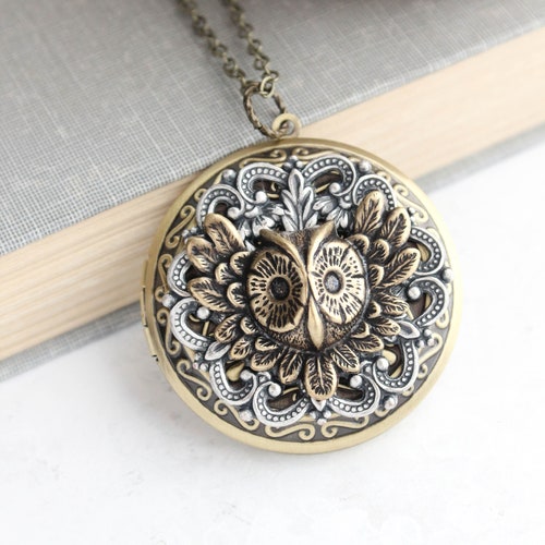 Owl Locket Necklace Large Photo Pendant Picture Locket | Etsy