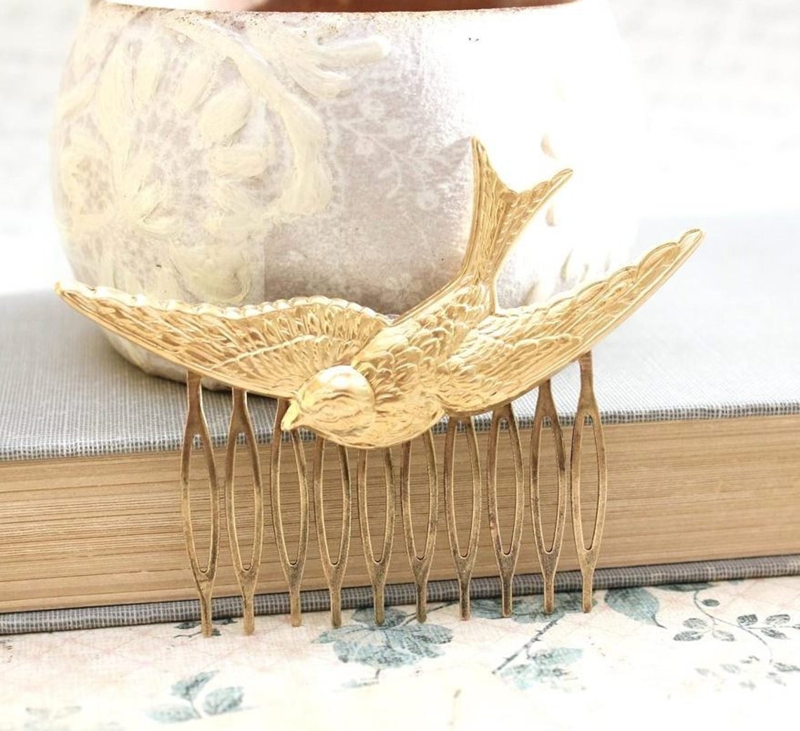 Gold Bird Comb Flying Swallow Hair Accessory Feather Wings Woodland ...