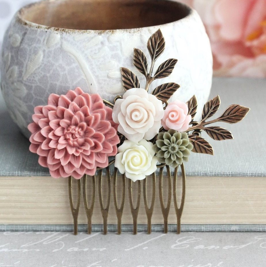 Dusty Rose Comb Bridal Hair Comb Chrysanthemum Dahlia Hair | Etsy
