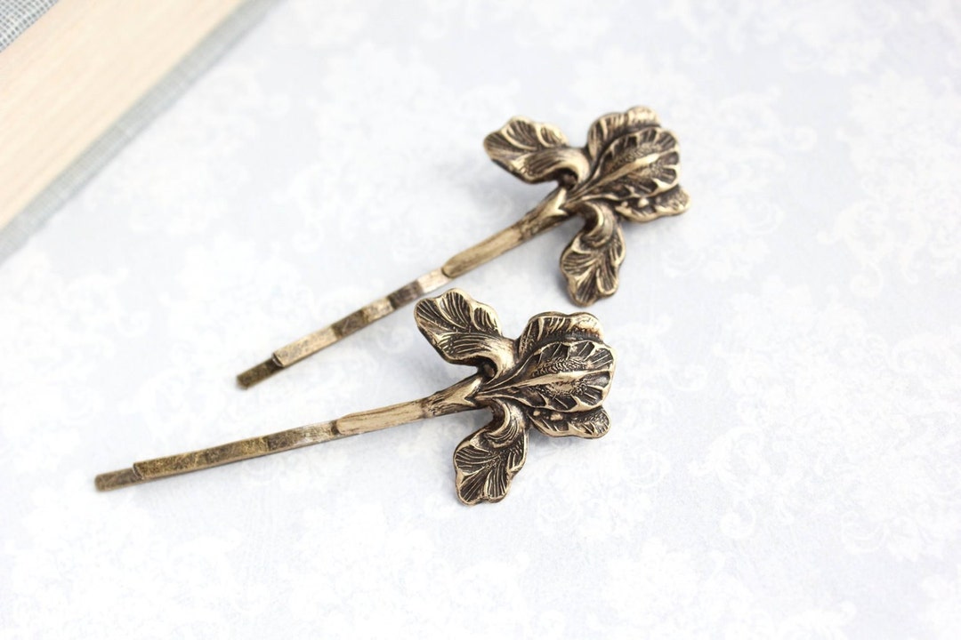 Rustic Iris Bobby Pins Antiqed Brass Hair Pin Woodland Wedding - Etsy