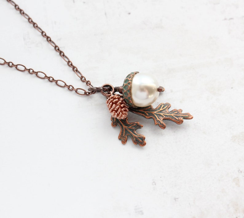 Pearl Acorn Pendant Necklace (8 Pearl Colors) Mint Patina Copper, Fall ...