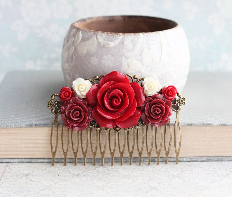 Dark Red Rose Hair Comb Deep Red Rose Floral Collage Comb | Etsy