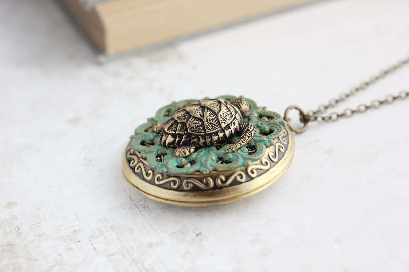 Turtle Locket Necklace Large Round Picture Locket Pendant Keepsake ...