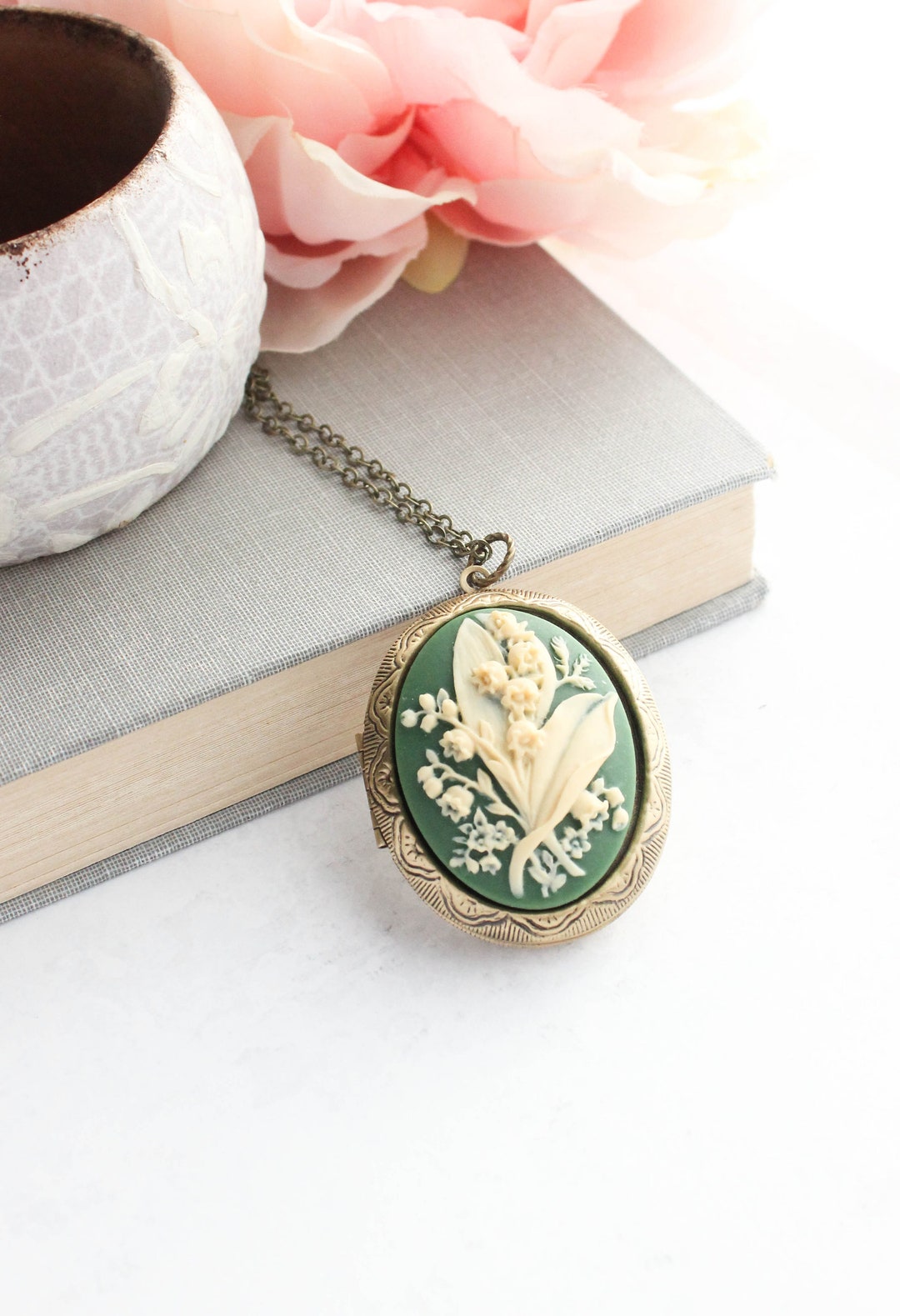Lily of the Valley Photo Locket Necklace, Green Floral Cameo Pendant ...