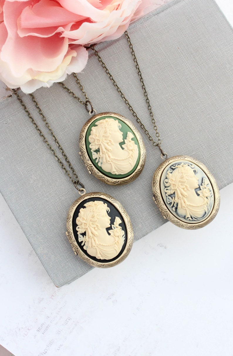 Large Locket Necklace, Photo Locket, Big Cameo Pendant, Cream Lady on ...