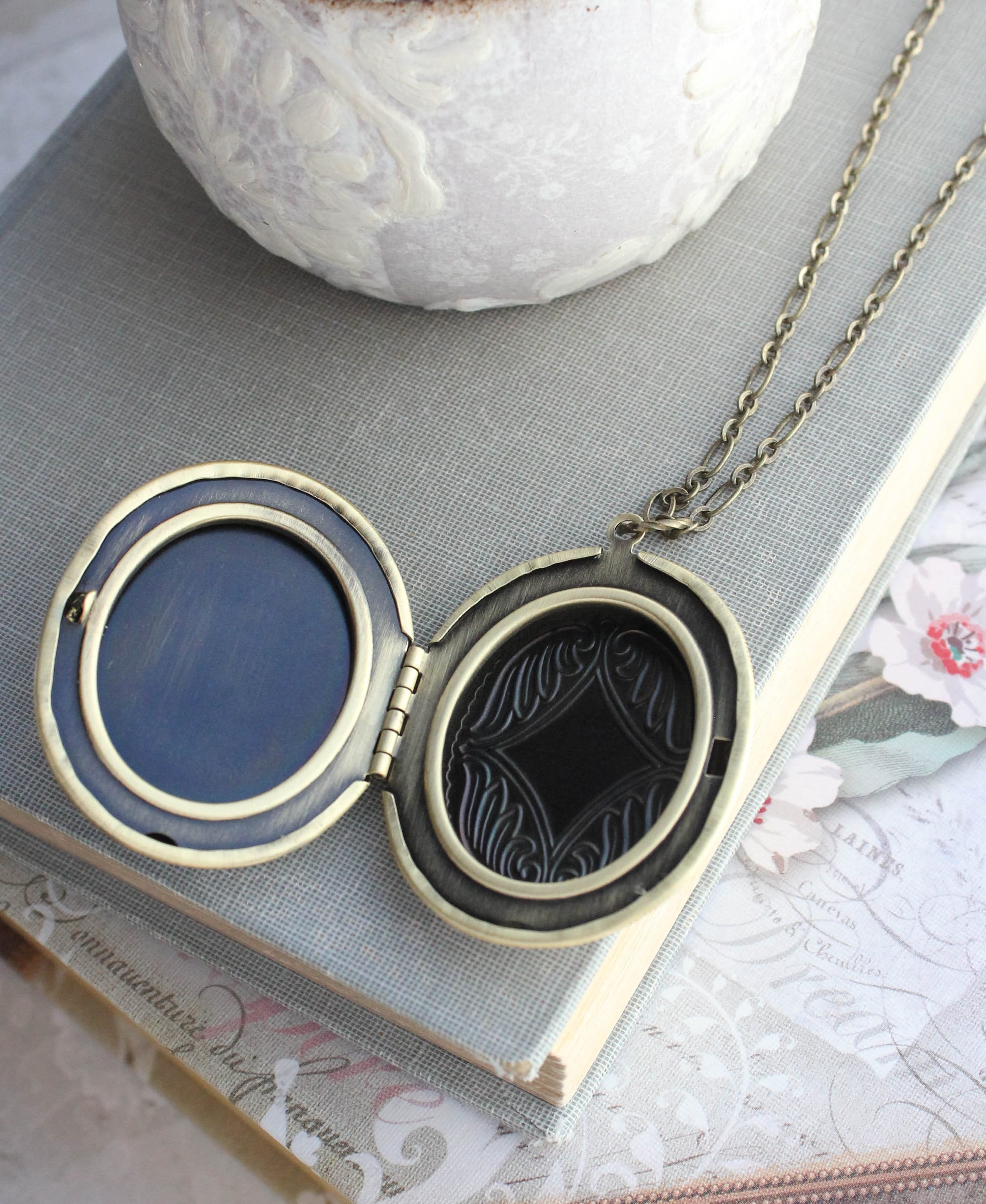 Large Locket Necklace, Photo Locket, Big Cameo Pendant, Cream Lady on ...
