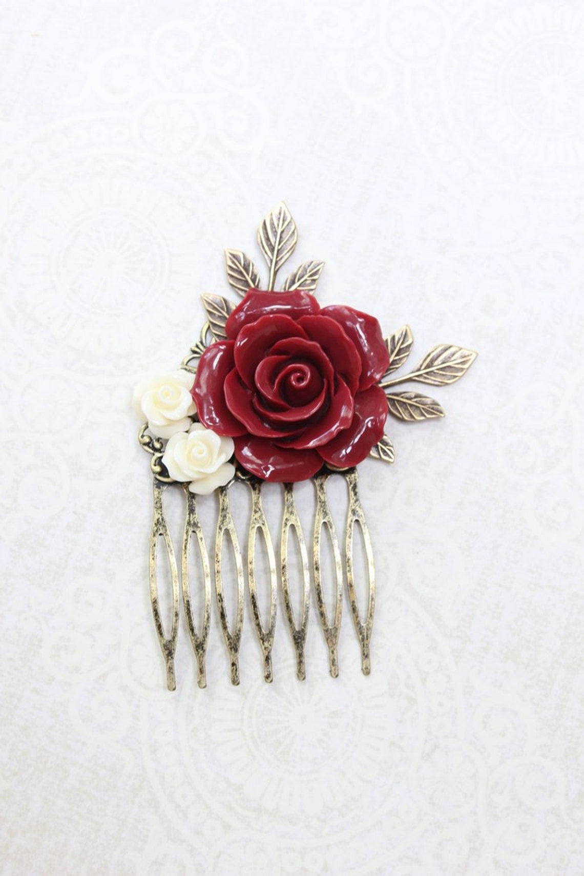 Red Rose Comb Floral Collage Hair Accessories Cream Rose Dark - Etsy