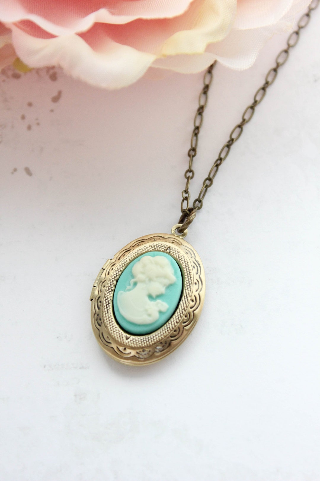 Oval Locket Necklace, Aqua Blue Cameo, Photo Locket Pendant, Lady Face ...