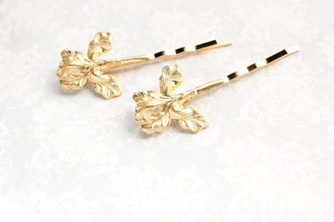 Gold Iris Bobby Pins Rustic Nature Raw Gold Brass Hair Pin Woodland ...