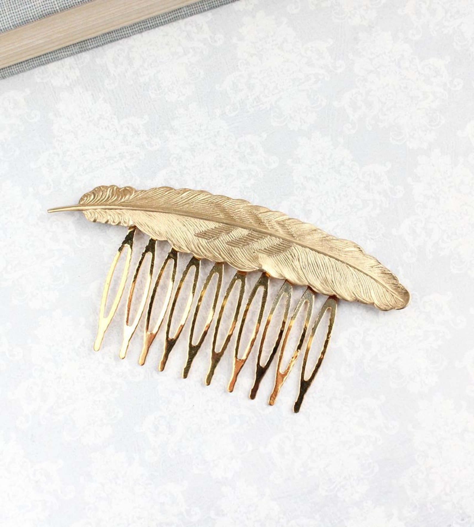 Gold Feather Comb Raw Gold Brass Large Feather Hair Piece Woodland ...