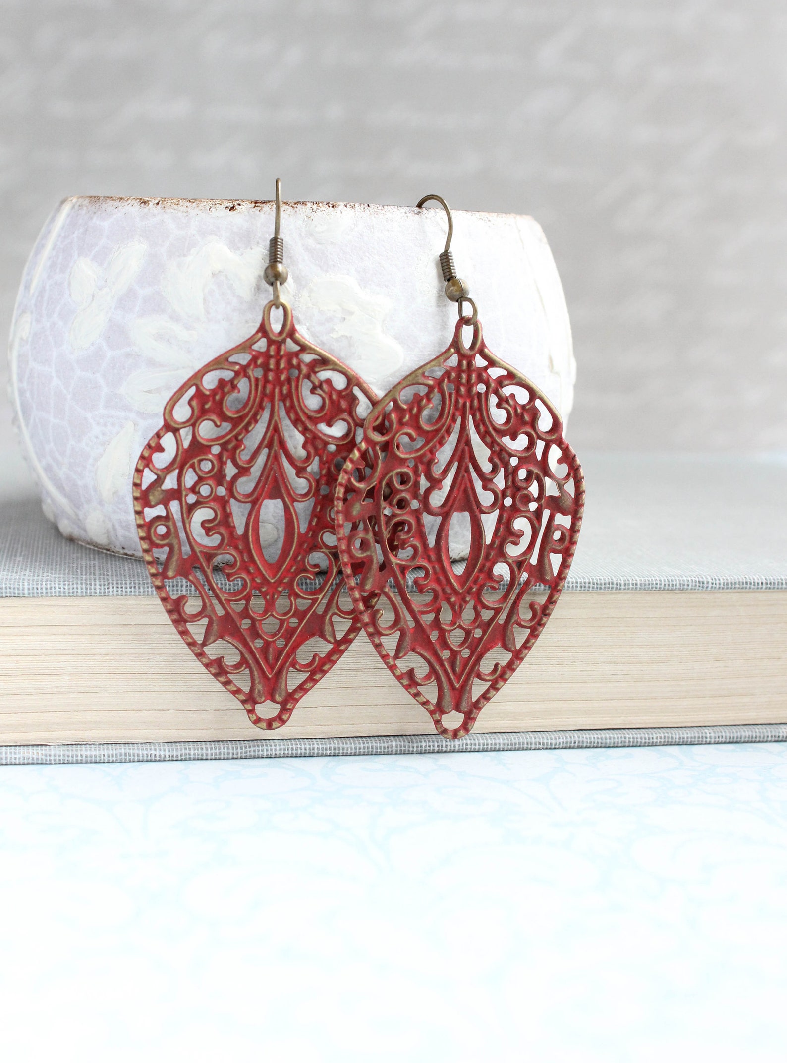 Rust Red Earrings Red Patina Big Filigree Earrings Long - Etsy