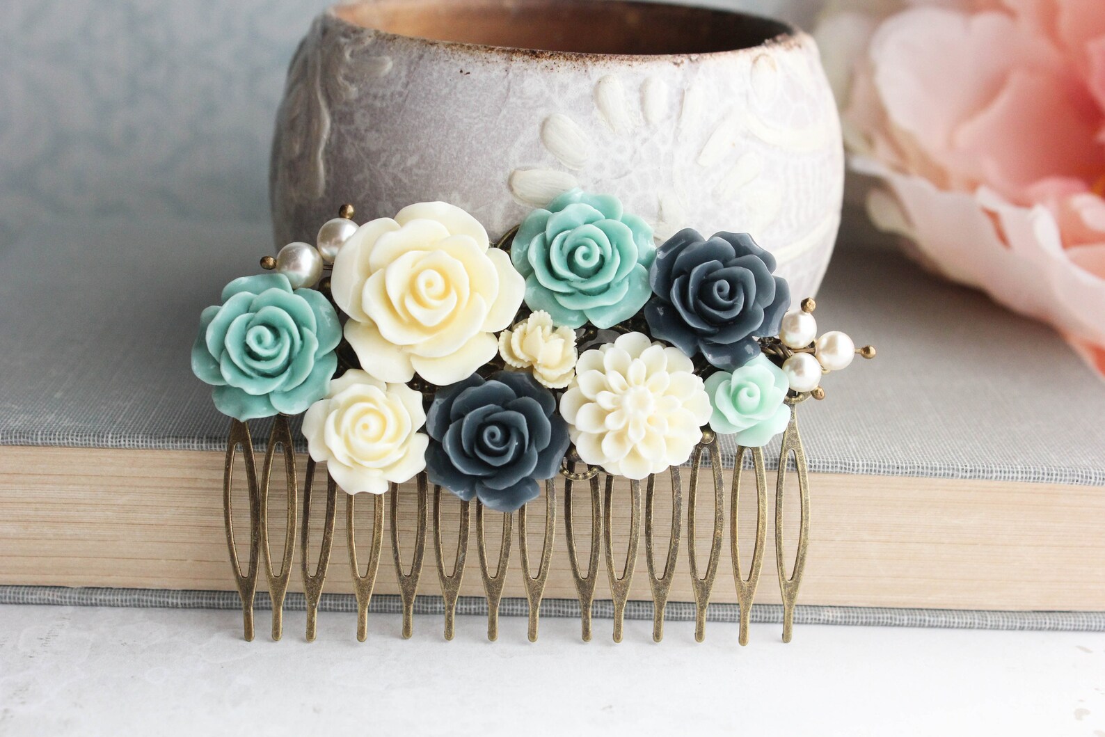 Navy Blue Hair Comb Rose Hair Piece Aqua Wedding Ivory - Etsy