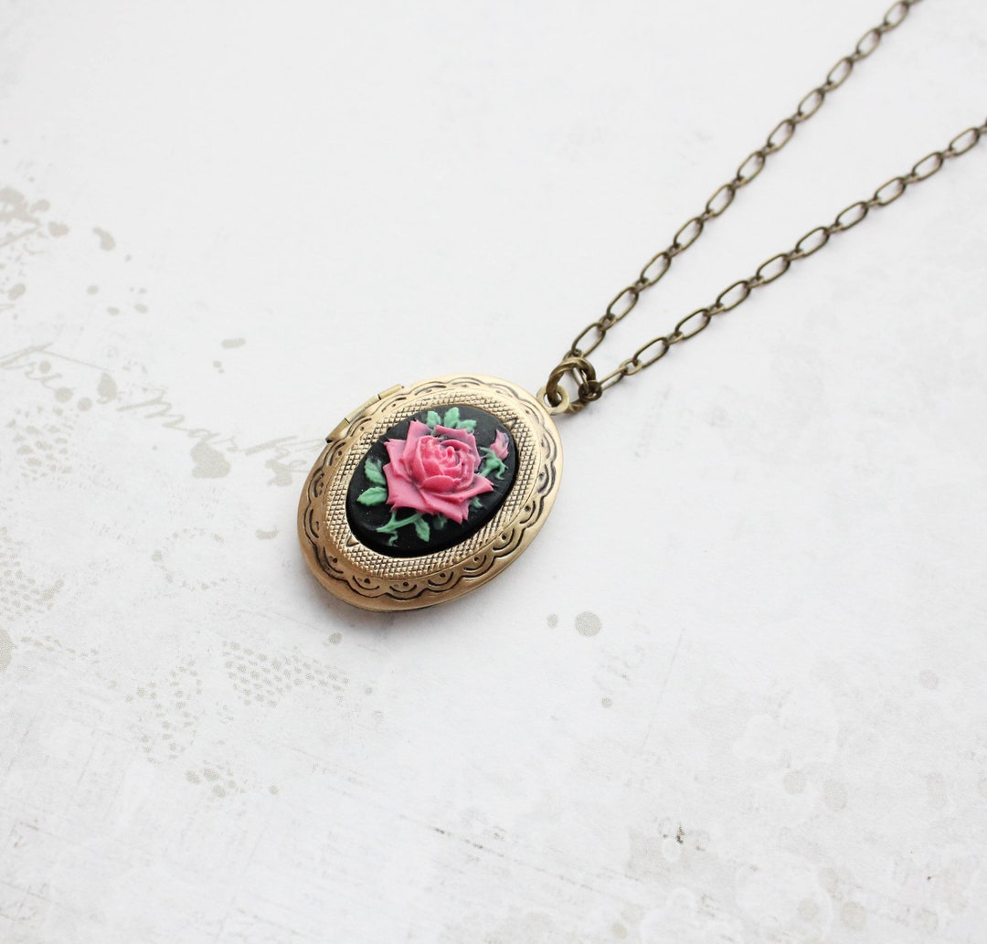 Hot Pink Rose Locket Necklace Photo Locket Vintage Style - Etsy