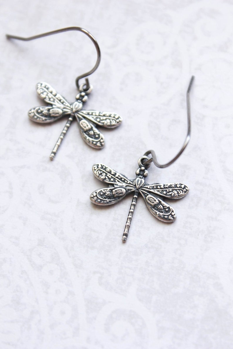 Dragonfly Earrings Small Insect Earrings Little Antique Silver - Etsy
