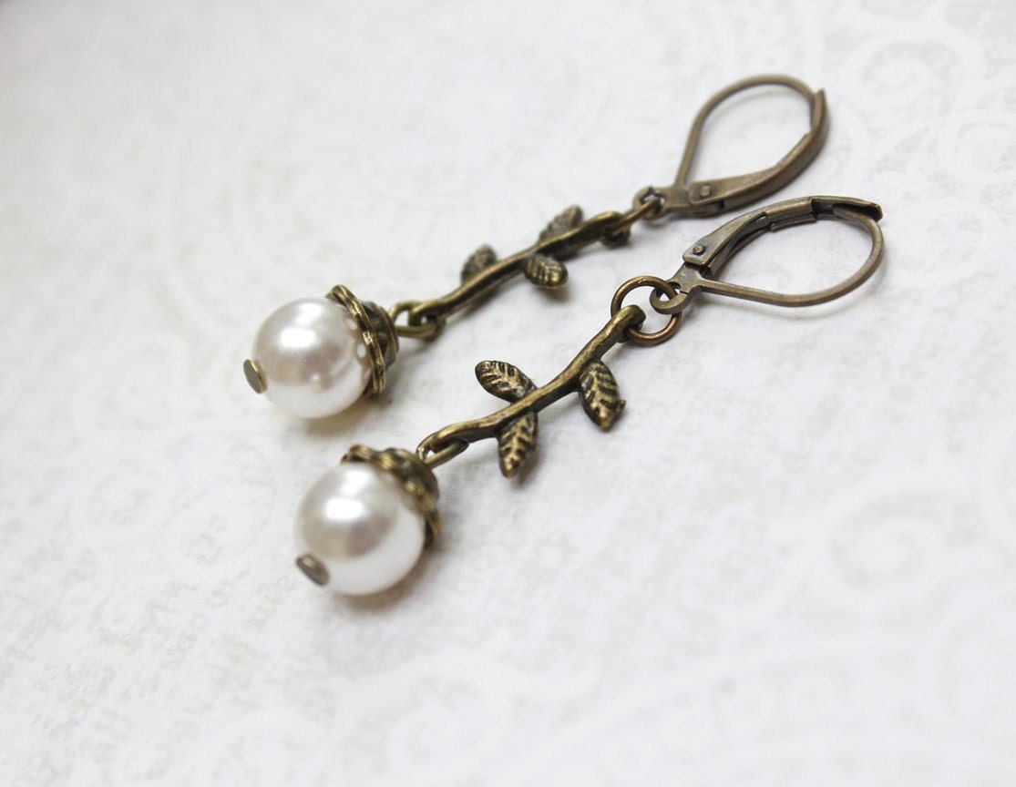 Small Dangle Earrings Ivory White Pearl Earrings Tiny Branch | Etsy