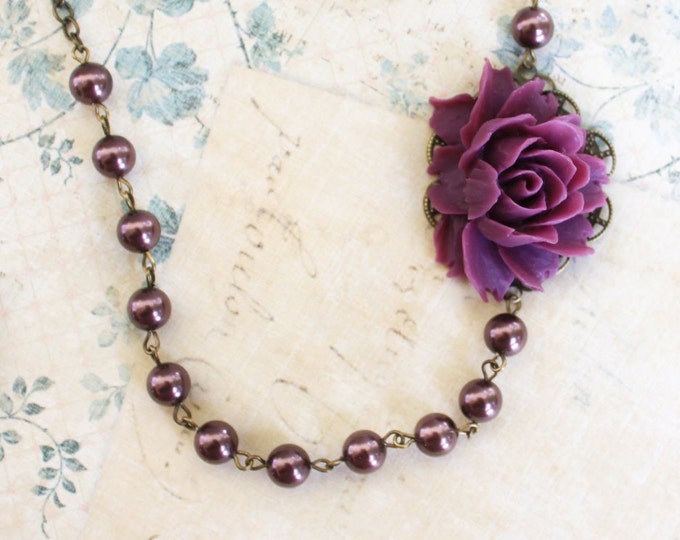 Purple Necklace Dark Purple Rose Necklace Statement Necklace ...