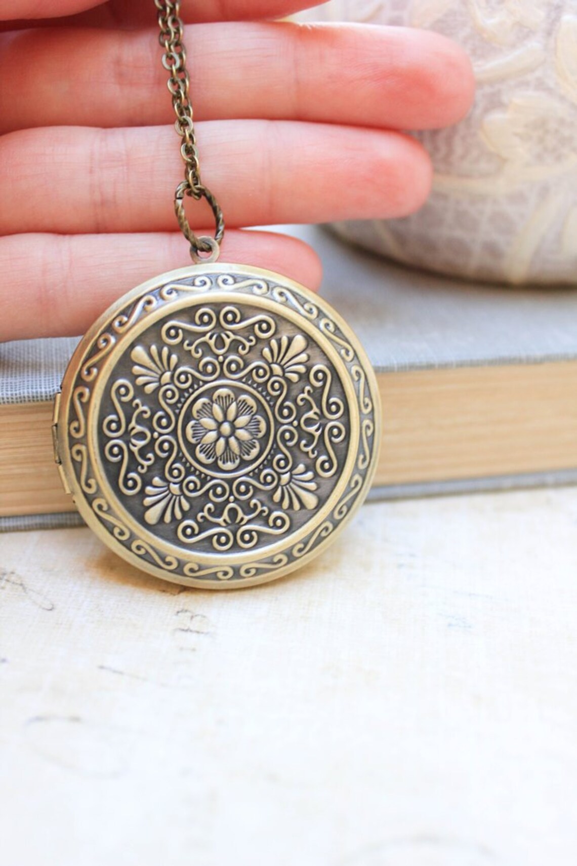 Large Round Locket Necklace Gold Floral Filigree Locket | Etsy