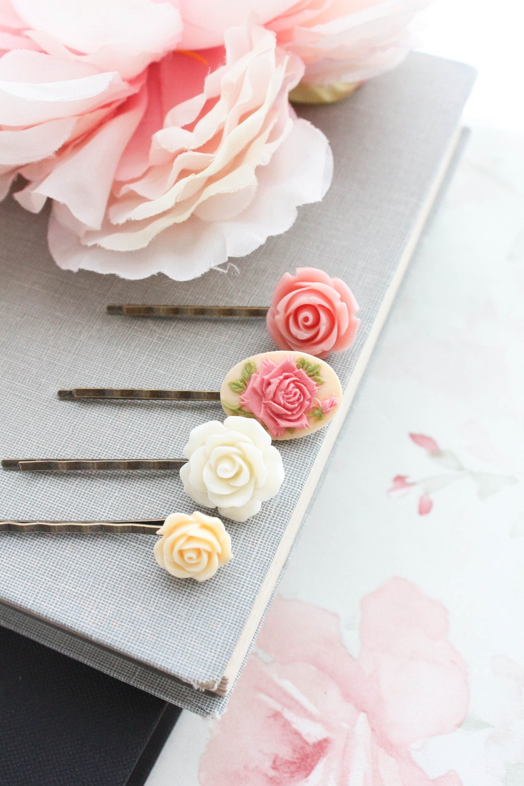 Flower Bobby Pins, Blush Pink Rose, Coral Peach Cameo, Butter Yellow ...